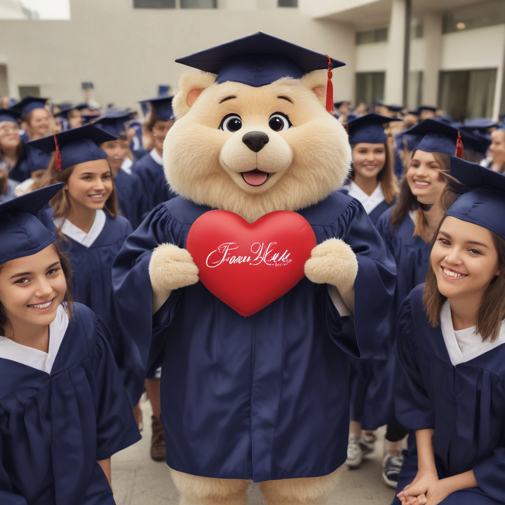 heart shaped real-life mascot with graduation cap and students around