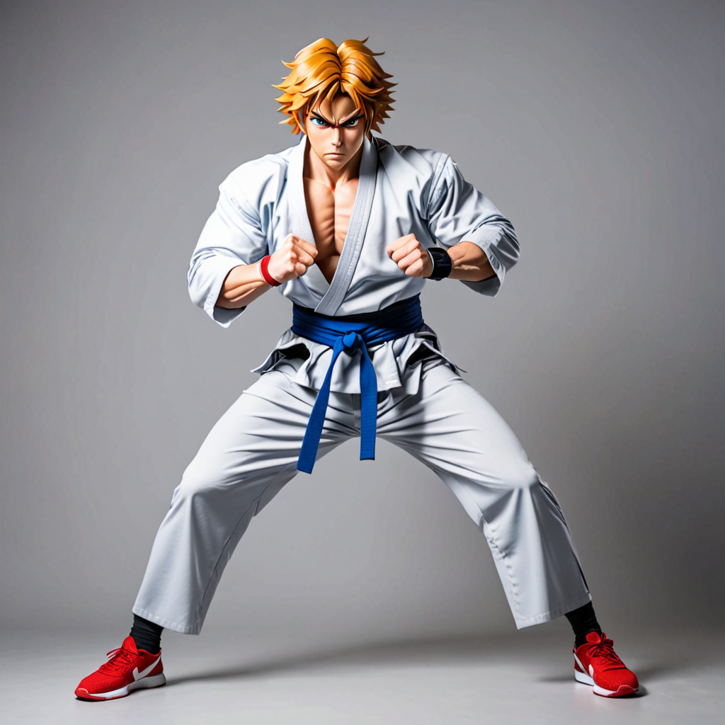 very angry anime fighter in a dinamic pose with modern cloths