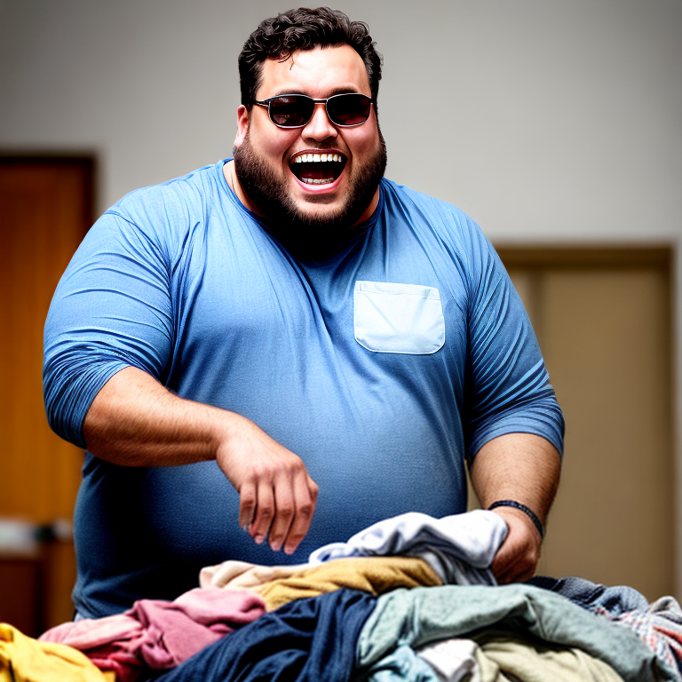 Male man fat beast with sharp teeth surrounded by piles of dirty laundry