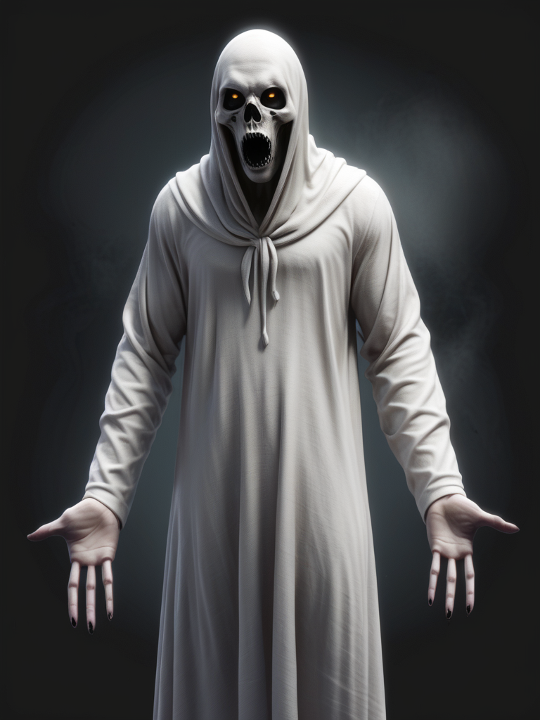 A Haunting Figure Emerges from Shadows in a Creepy White Cloak.