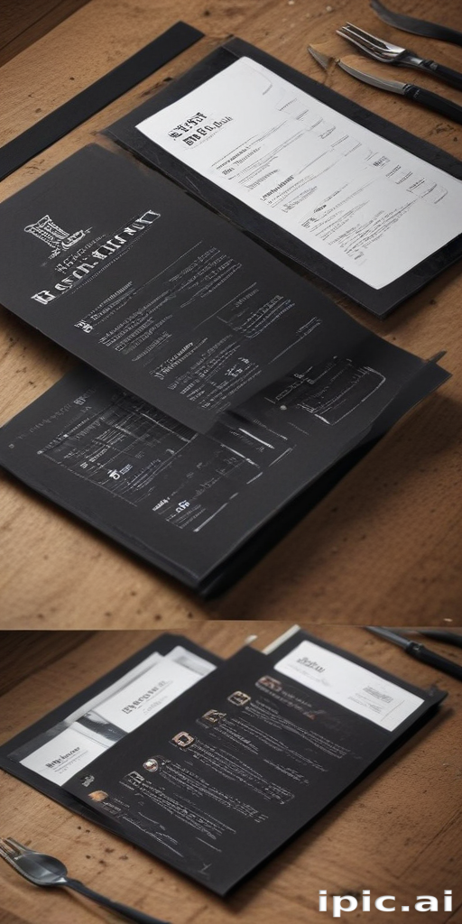 Elegant Black Menu Displayed on a Wooden Table with Cutlery Nearby