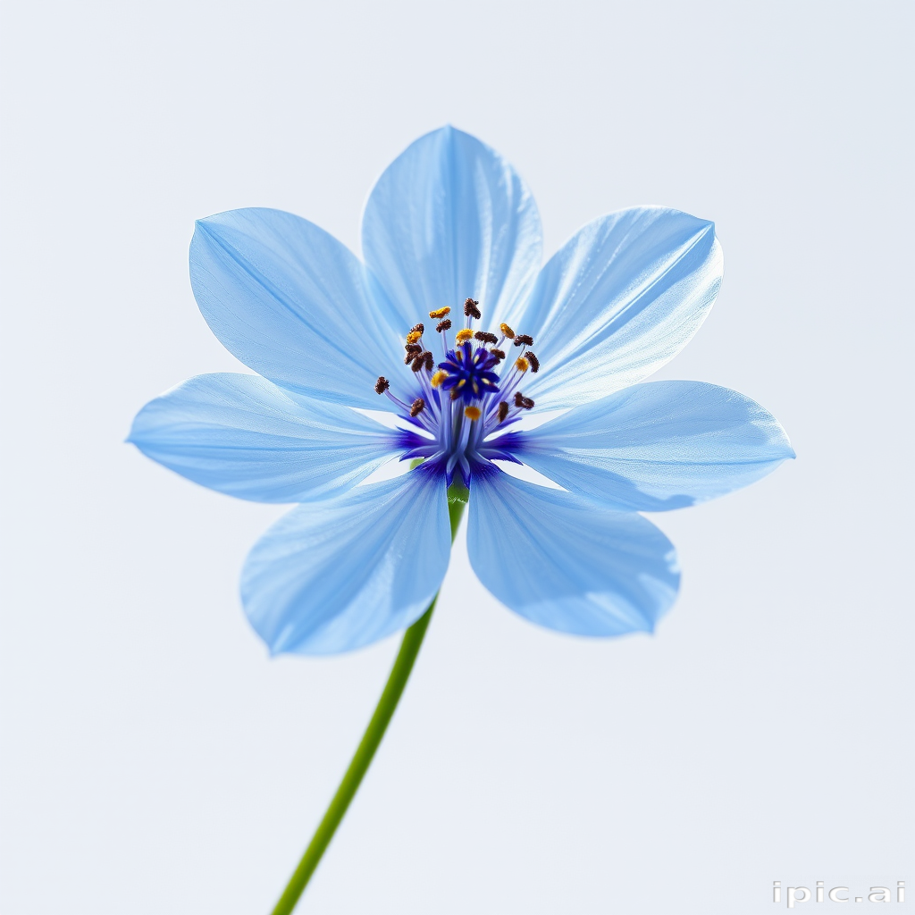 A Delicate Blue Flower Bathed in Soft Light Against a White Background.
