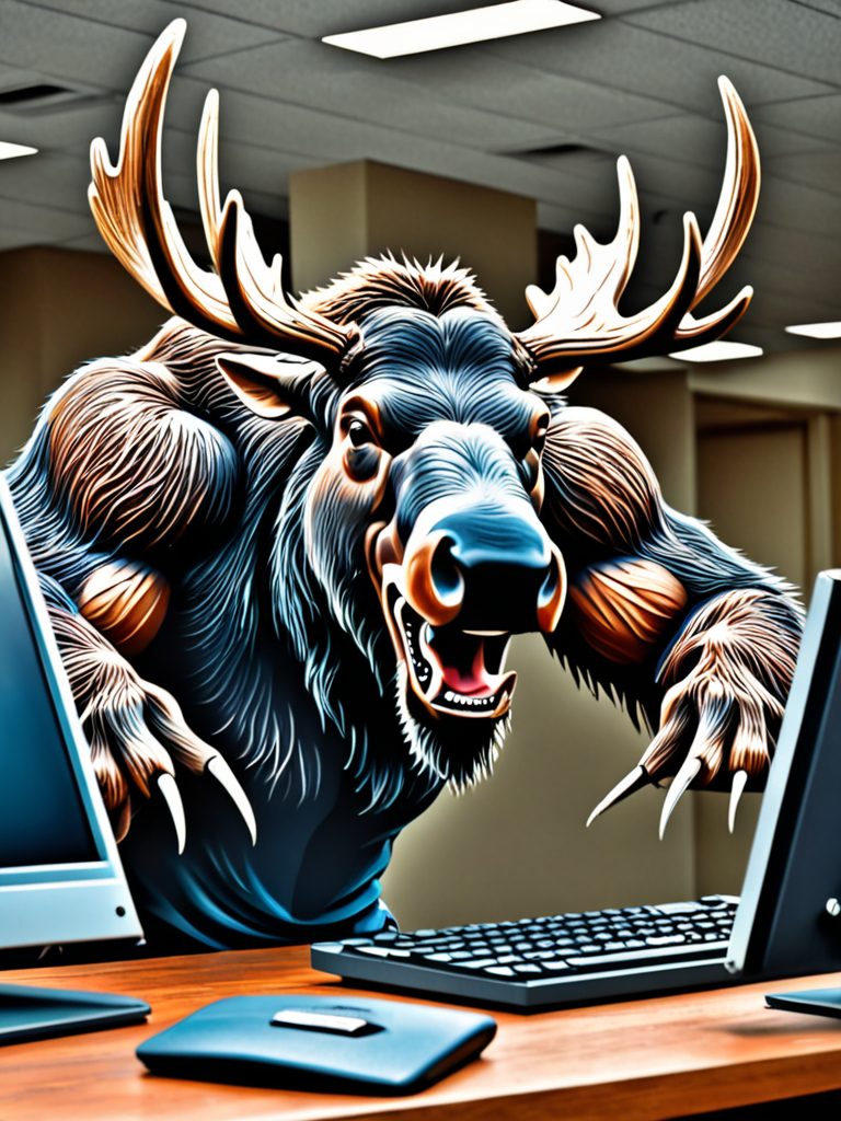 A very angry muscular moose smashing a computer virus