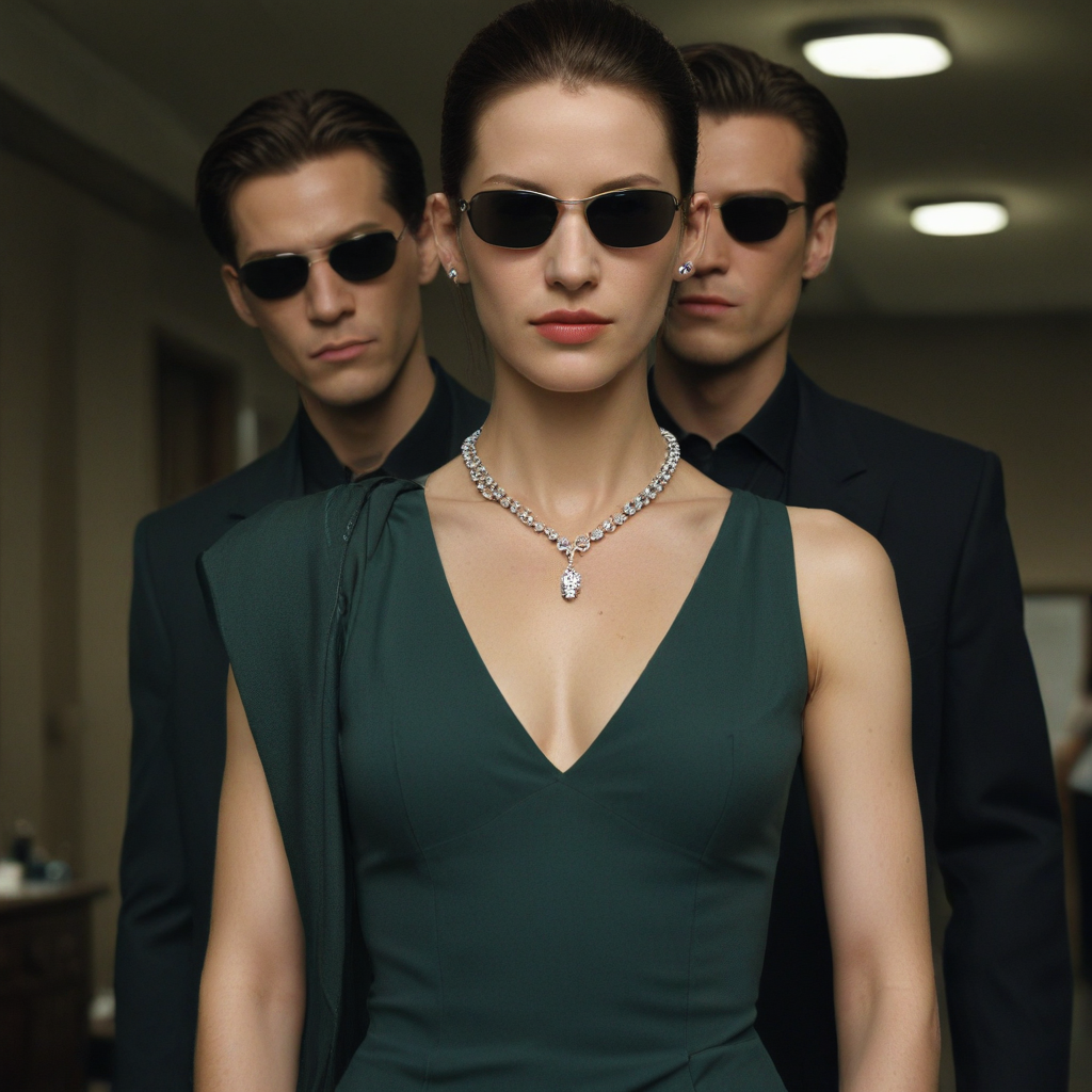 the matrix color grading, the man is putting a diamond necklace around ...