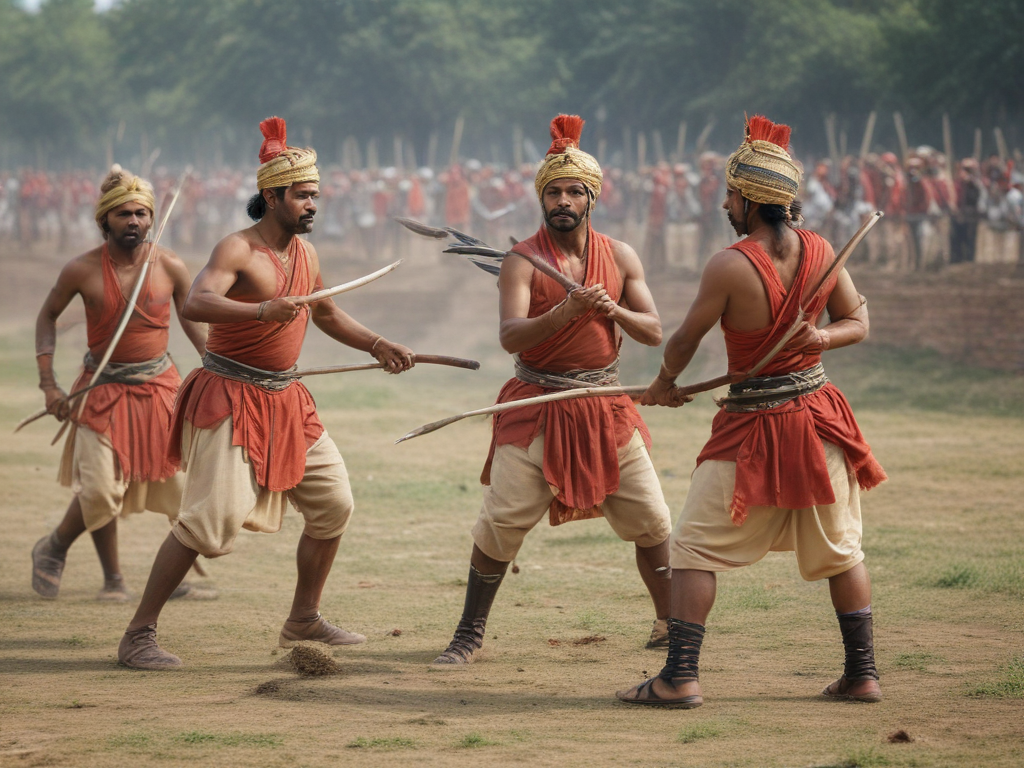Ancient Indian Army soldiers fighting with sticks and swords