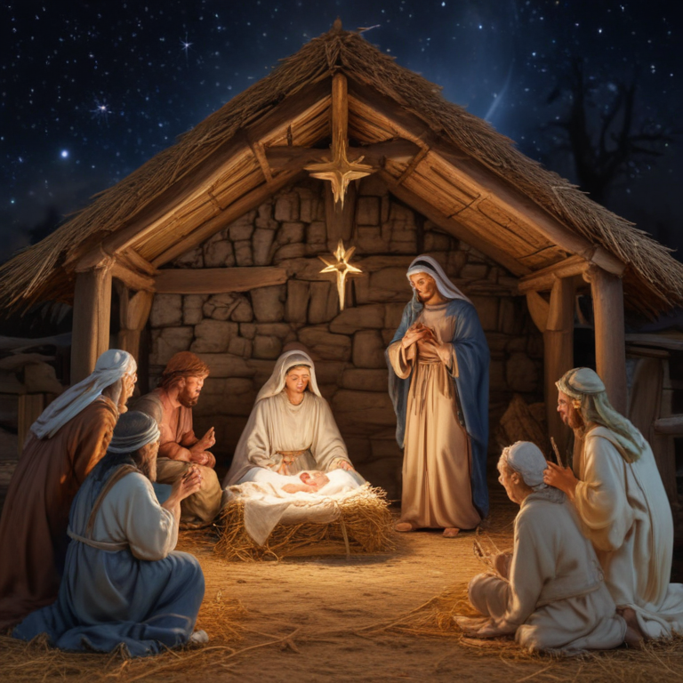 A Serene Nativity Scene Depicting the Birth of Jesus Christ in Bethlehem.