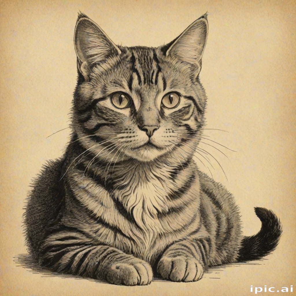 Charming Tabby Cat in Vintage Style Illustration with Captivating Eyes