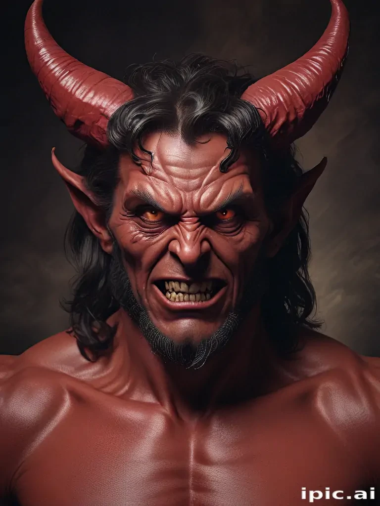Intense Portrait of a Fierce Demon with Prominent Horns and Fiery Eyes