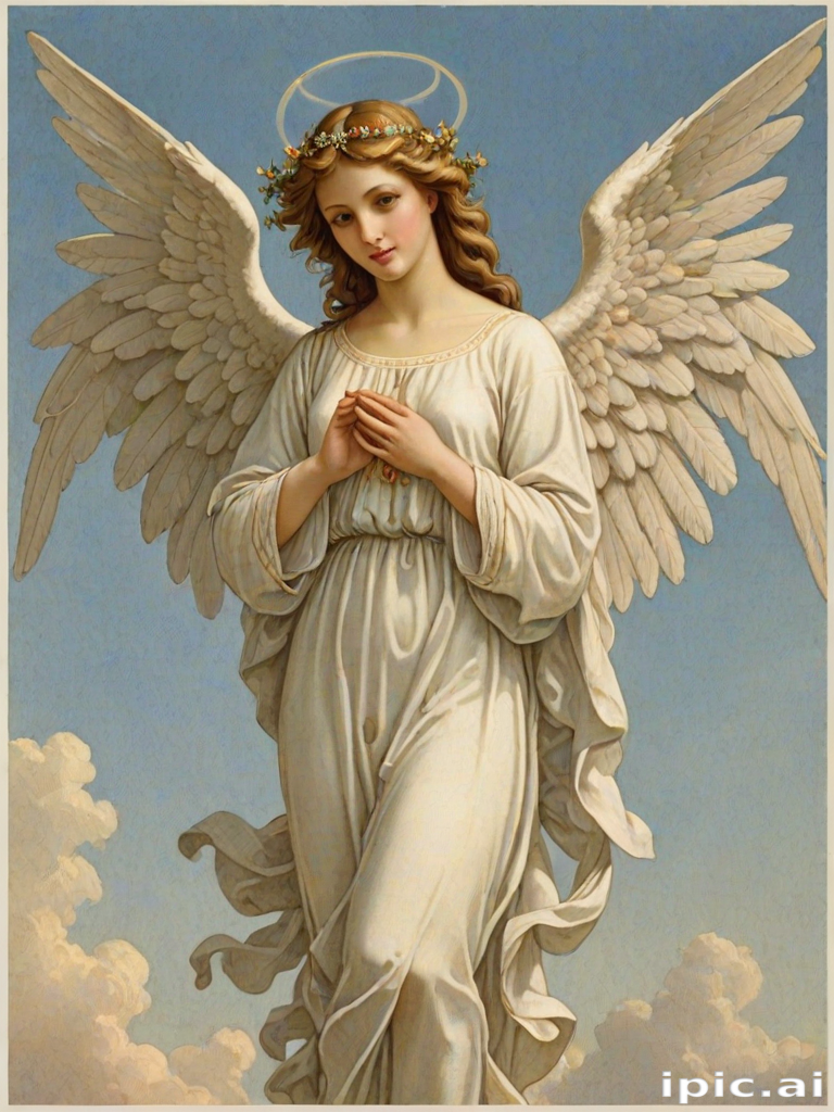 Serene Angel in White Robes with Graceful Wings and a Halo