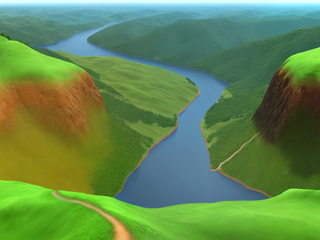 Viewpoint on large hill overlooking deep gorge with river at bottom and ...