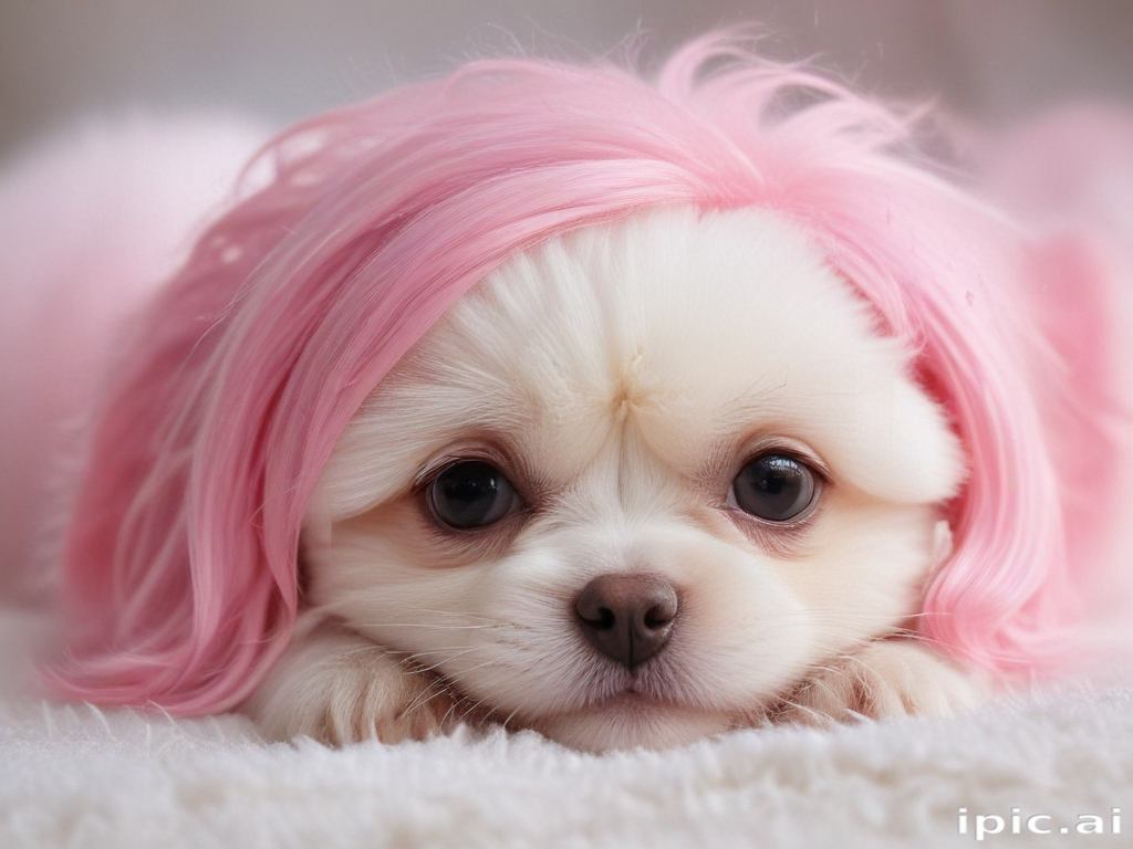 Adorable Puppy with a Playful Pink Wig in a Cozy Setting