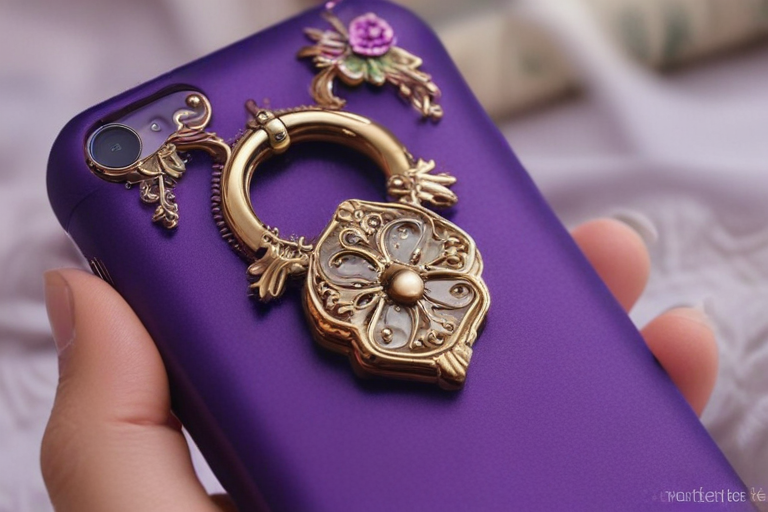 Elegant Purple Phone Case with Ornate Lock Design and Floral Accents