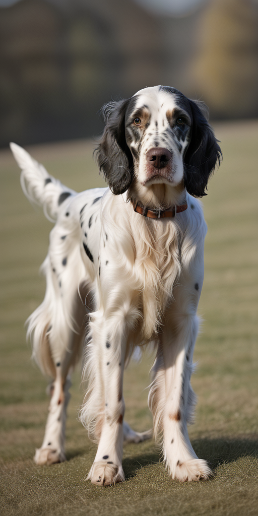 A Playful English Setter Dog Standing Proudly on a Green Field.