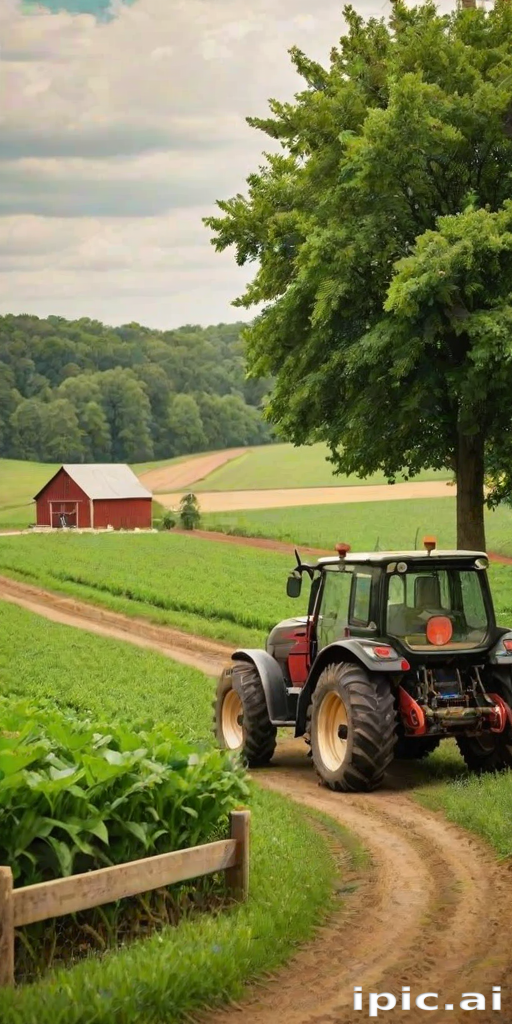 Tractor Driving Along a Scenic Farm Road Surrounded by Lush Green Fields