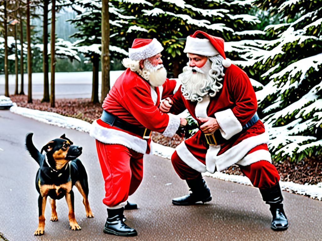 Santa Claus fighting with the dog