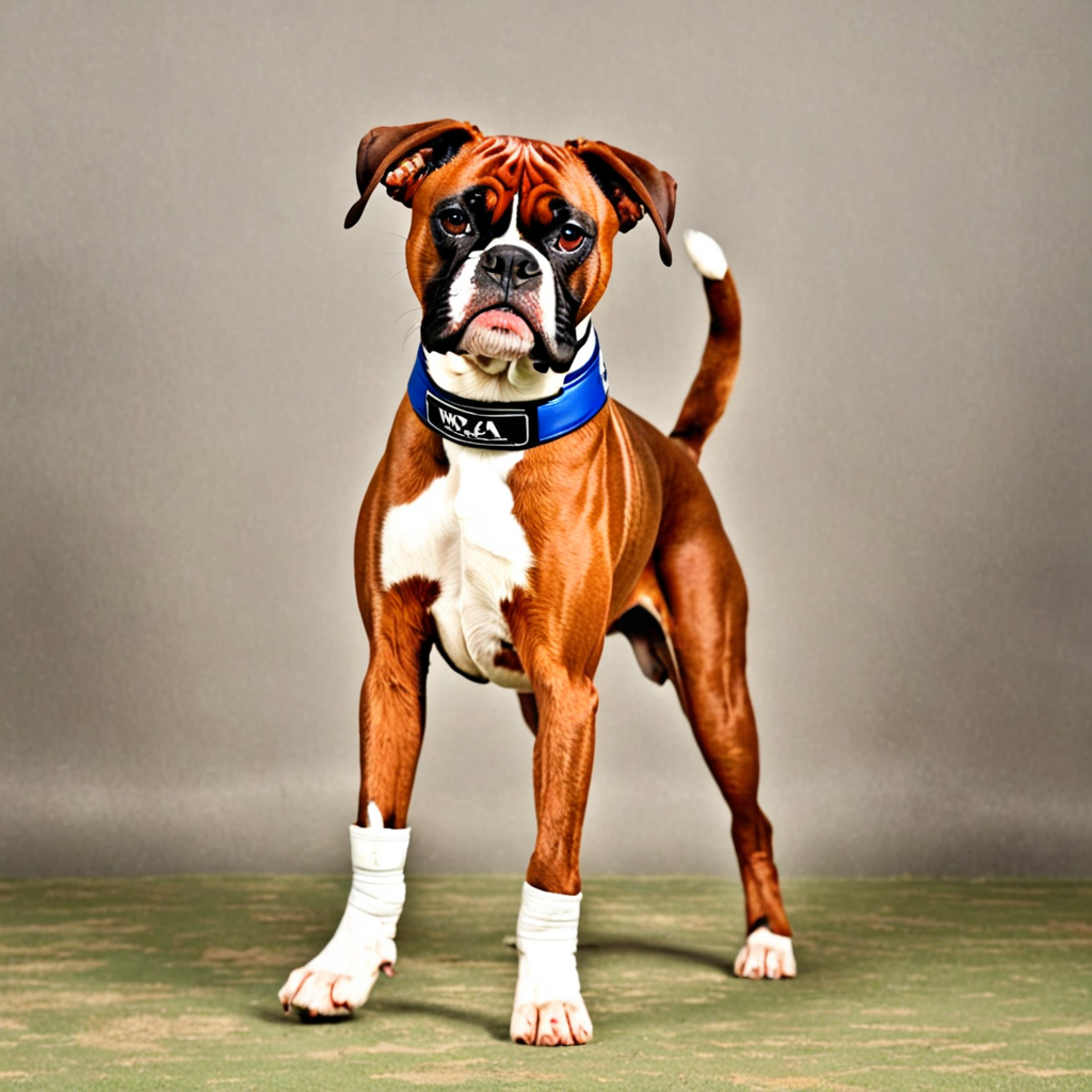 a boxer dog, standing on back legs, with boxing gloves on front legs