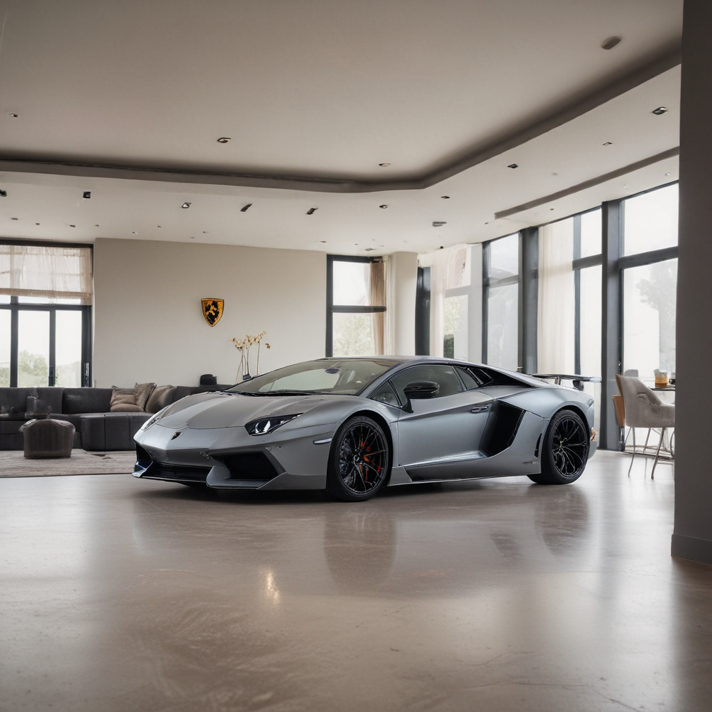A Lamborghini Aventador inside a suite in a panthouse!