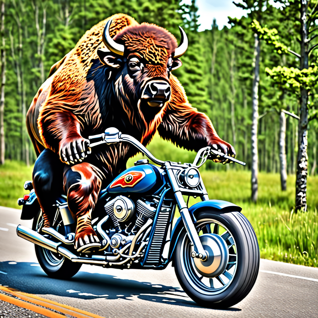 cartoon bison riding motorcycle