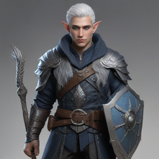 A male winter eldrin elf warlock with silver hair and blue eyes holding ...