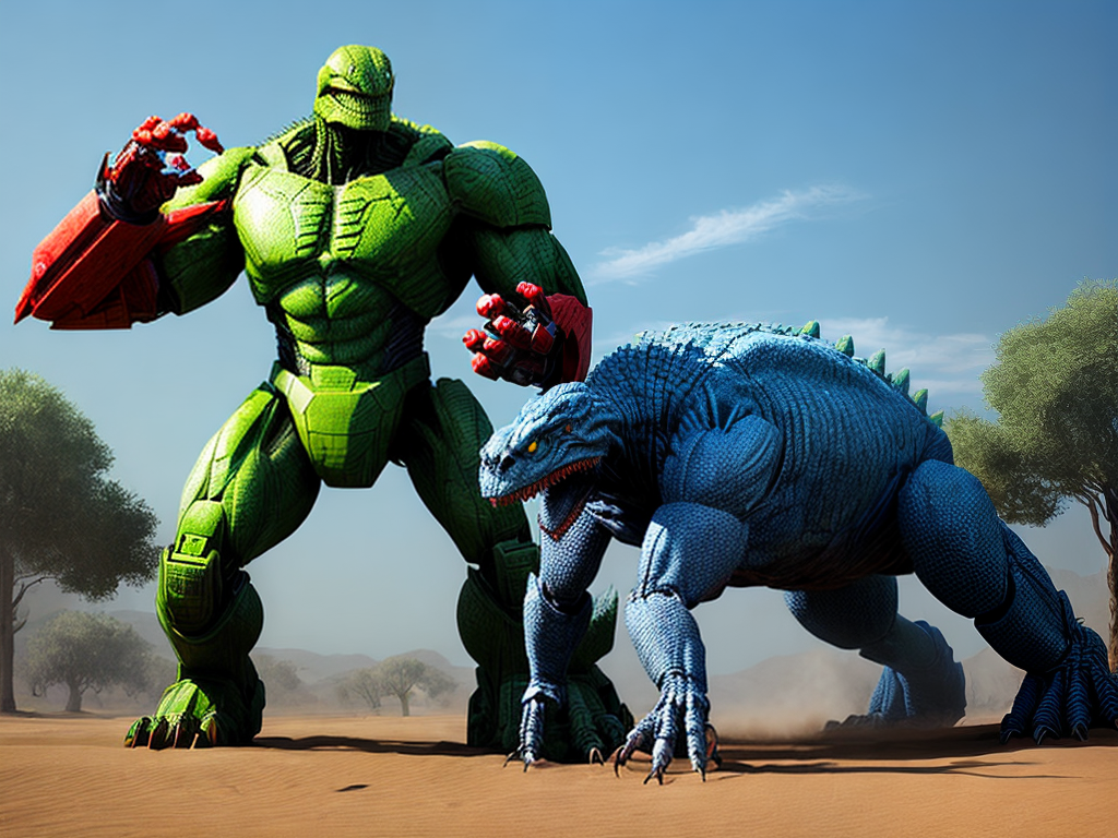 Giant robot fighting a reptile monster