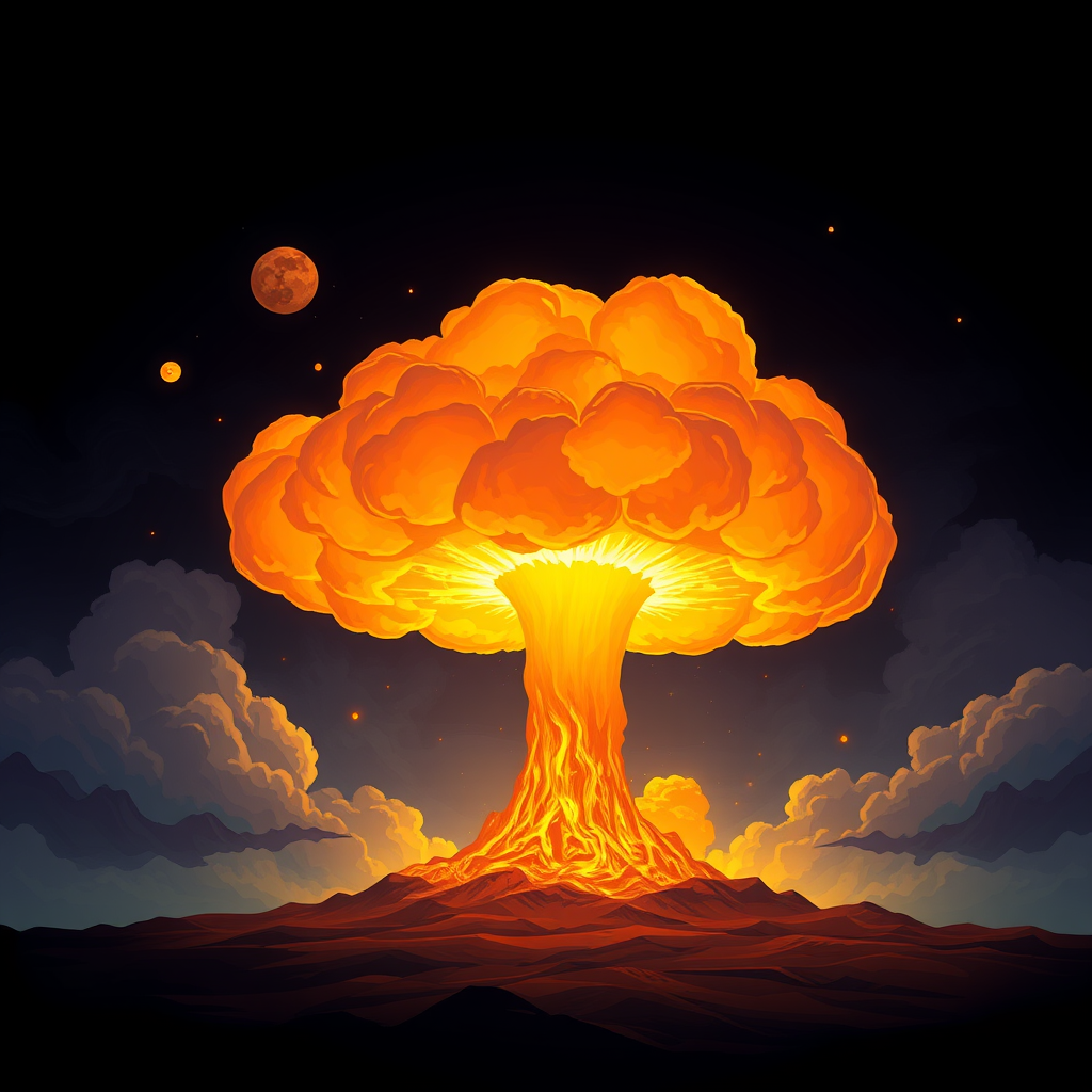 A Dramatic Illustration of a Massive Nuclear Explosion Against a Night Sky.