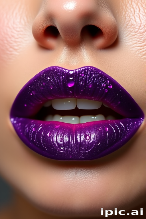 Vibrant Purple Glossy Lips with Shimmering Drops and Intricate Details