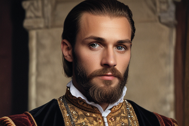tudor era king, blonde, brown eyes, strong jawline, beard