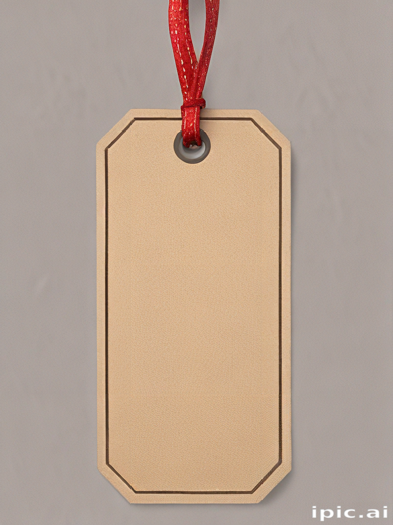 Blank Beige Tag with Red String Hanging Against a Neutral Background