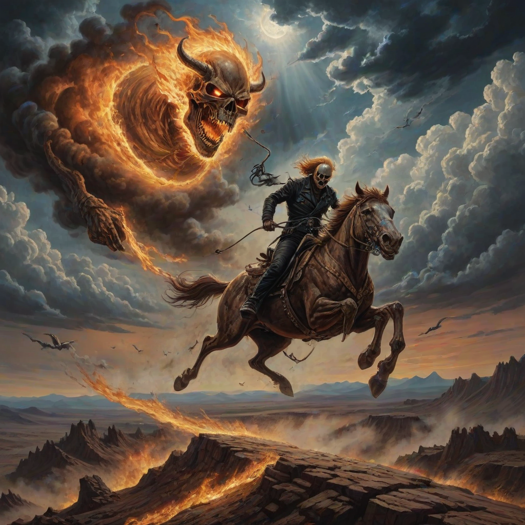 Ghostly Rider Charging Through Fiery Skies Amidst Dark, Ominous Clouds