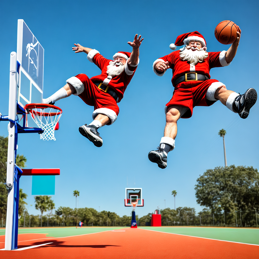 cartoon style ,Santa Claus playing basketball jumps for a slam-dunk