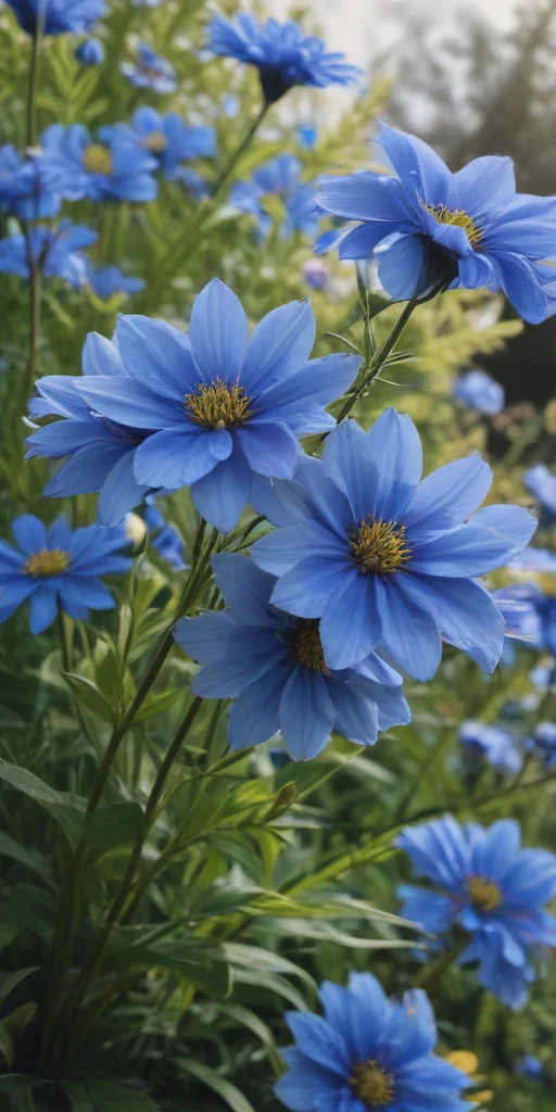 Vibrant Blue Flowers Blooming in a Lush Green Garden Landscape