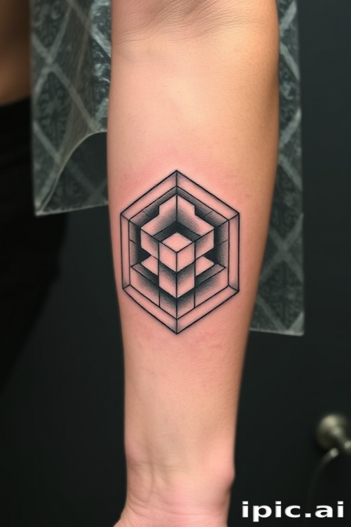Geometric Tattoo Design Featuring a 3D Cube Illusion on Forearm
