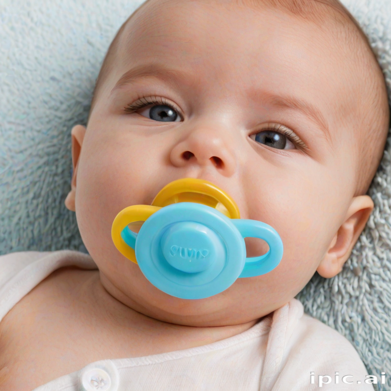 Adorable Baby with a Colorful Pacifier Smiling on Soft Blanket