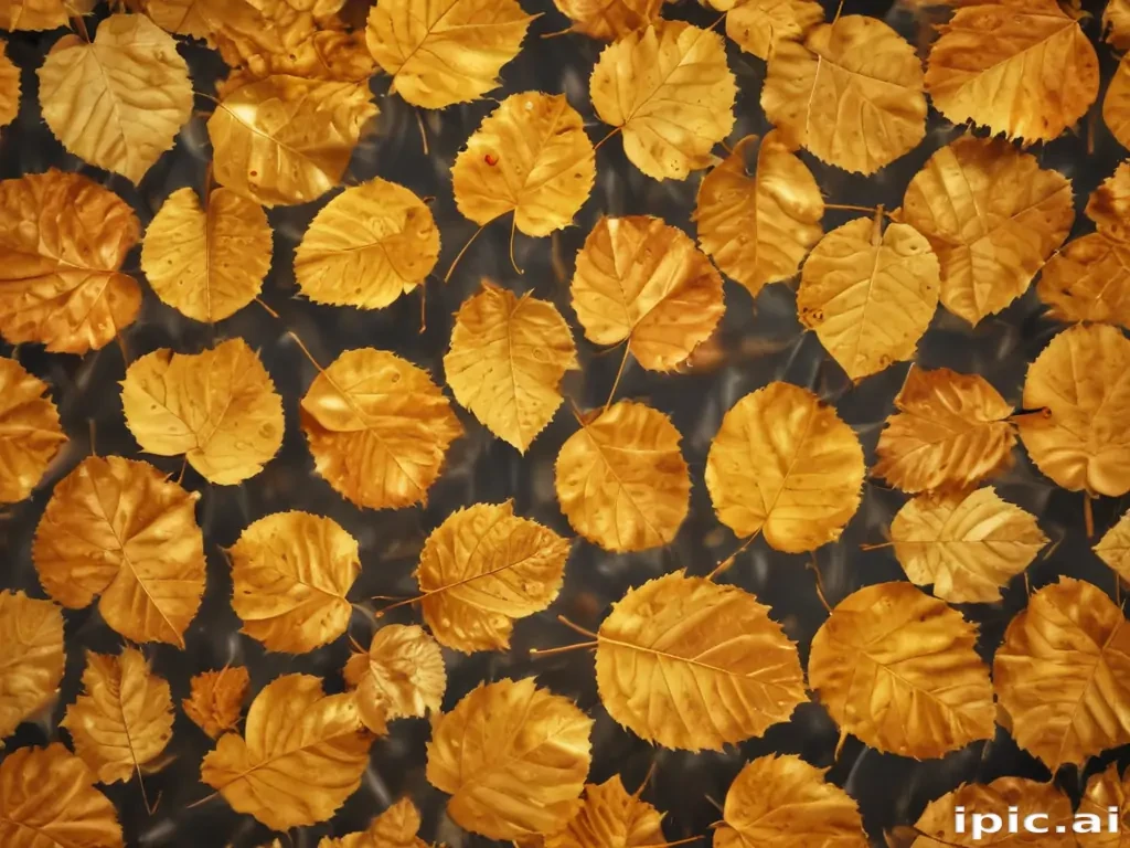 Autumn Leaves Gently Floating on Water Creating a Golden Reflection