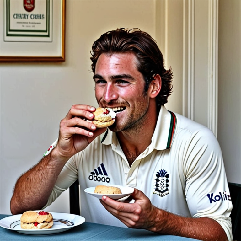 Cricketer eating scones