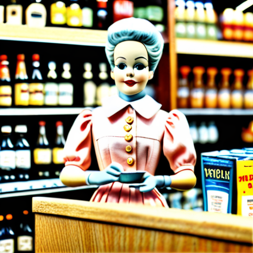 Photo realistic mid century pastel marionettes at the grocery store