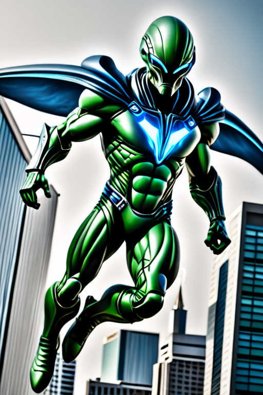 alien superhero flying with armor