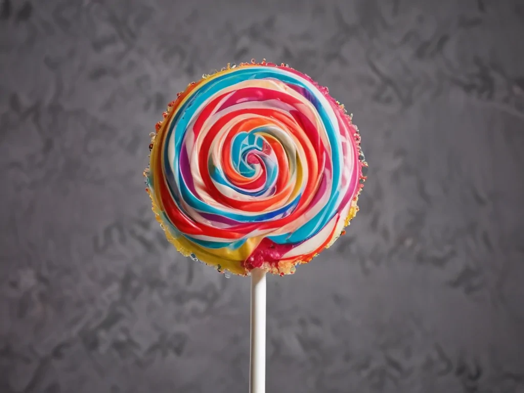A Colorful Swirled Lollipop on a Stick Against a Gray Background.