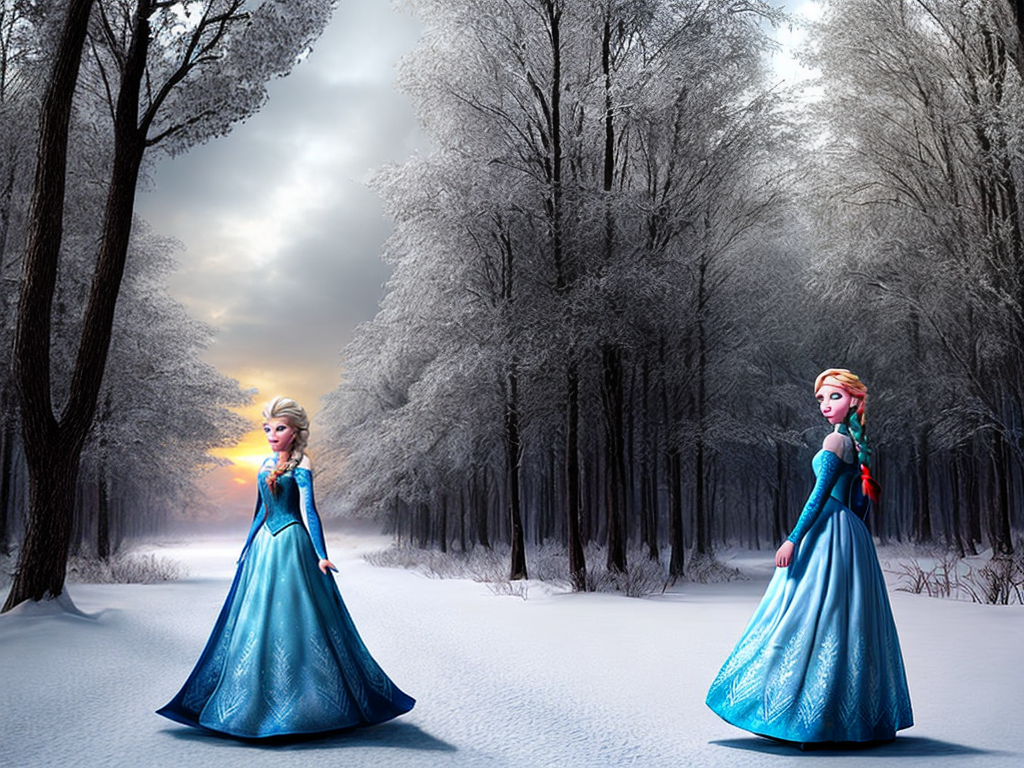 Frozen elsa in enchanted forest in sunset