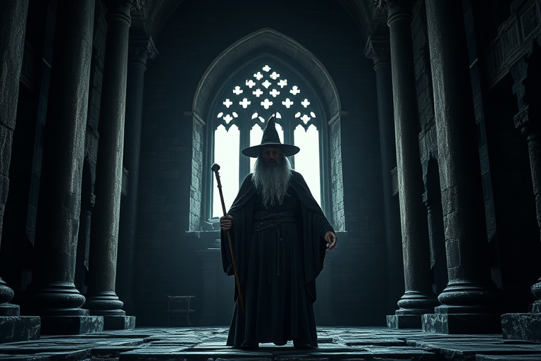 A Mysterious Wizard Standing in a Dimly Lit Gothic Cathedral Interior.