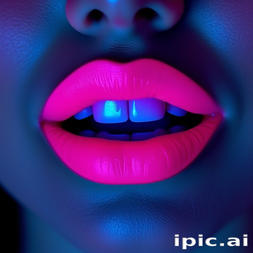 Vibrant Close-Up of Glossy Lips Illuminated by Neon Blue and Pink Light