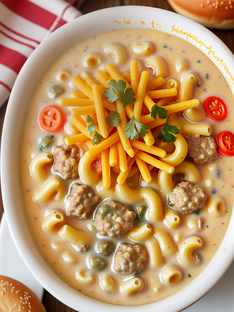 A Delicious Bowl of Creamy Pasta Soup with Meatballs and Cheese Topping.