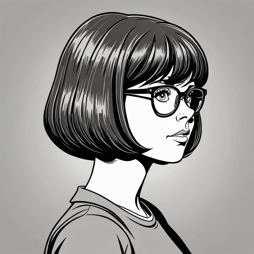 Velma Dinkley fron cartoon Scooby-Doo line art. Profile view.