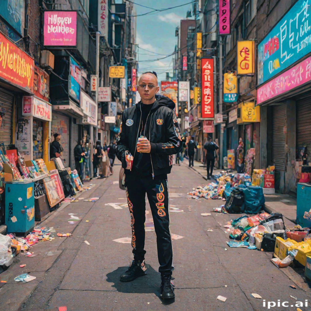 Urban Street Scene with Colorful Neon Signs and a Stylish Young Man