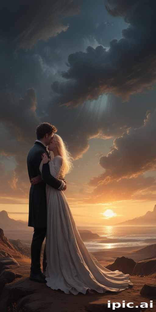 A Romantic Sunset Embrace between Two Lovers on a Serene Beach