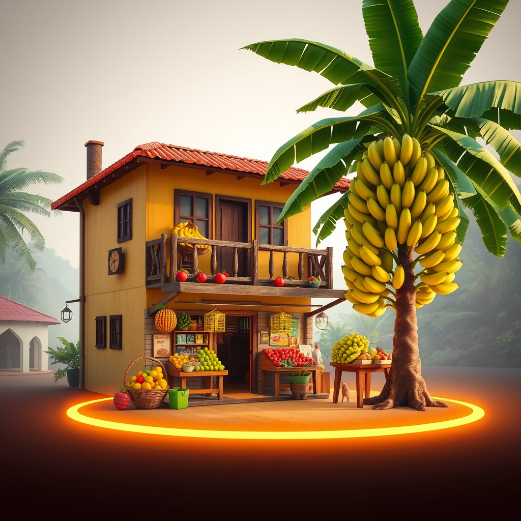 Charming Fruit Stand House Surrounded by Lush Tropical Fruits and Trees