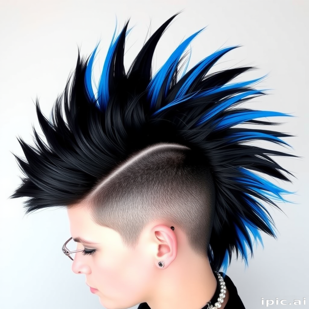 Bold and Edgy: A Stunning Mohawk Hairdo with Vibrant Blue Highlights