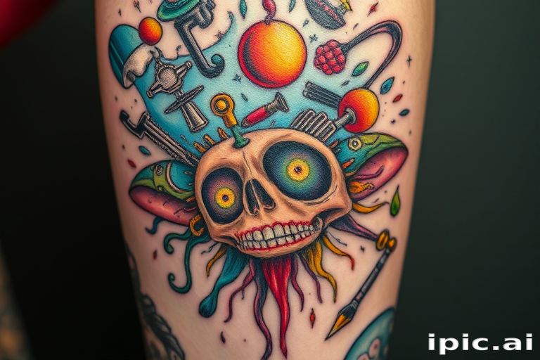 Colorful and Intricate Tattoo Featuring a Skull Surrounded by Whimsical ...