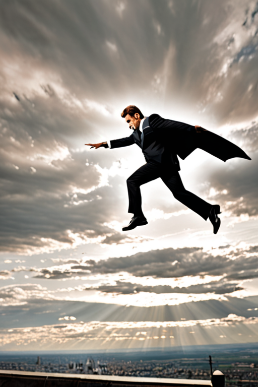 a man in black suite flying in sky with wings