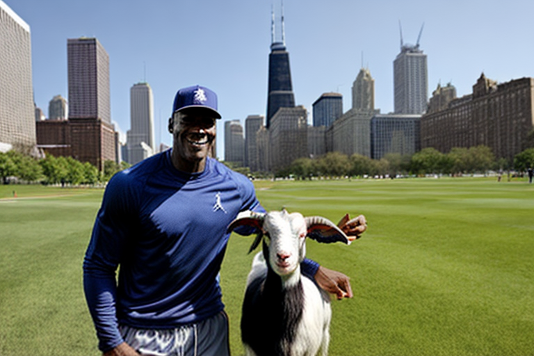 Michael Jordan posing with a goat in front of the city of Chicago